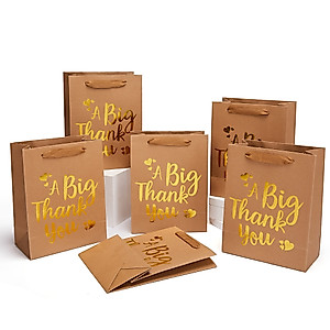 6-Pack Extra Heavy Duty Kraft Paper Bags, 10.3" x 4.5" x 8.2" Medium Gift Bag - Gold Foil"A Big Thank You", Sturdy, Durable Bag for Weddings, Birthdays, Baby Showers, St. Valentine's Day,Washington’s Birthday,St. Patrick’s Day,April Fool’s Day,Easter,Grad