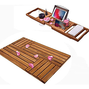 Utoplike Teak Wood Bath Mat, 31.8 x 20 inch Large Wooden Shower Mat for Bathroom and Bathtub Caddy Tray Bath Tray for Tub Set