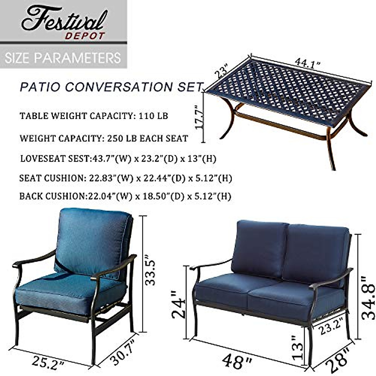 Festival Depot 4pc 4 Seats Patio Conversation Outdoor ArmChairs Loveseat Set with Coffee Table Fabric Metal Frame Furniture Garden Bistro Seating Thick Soft Cushions (Blue)