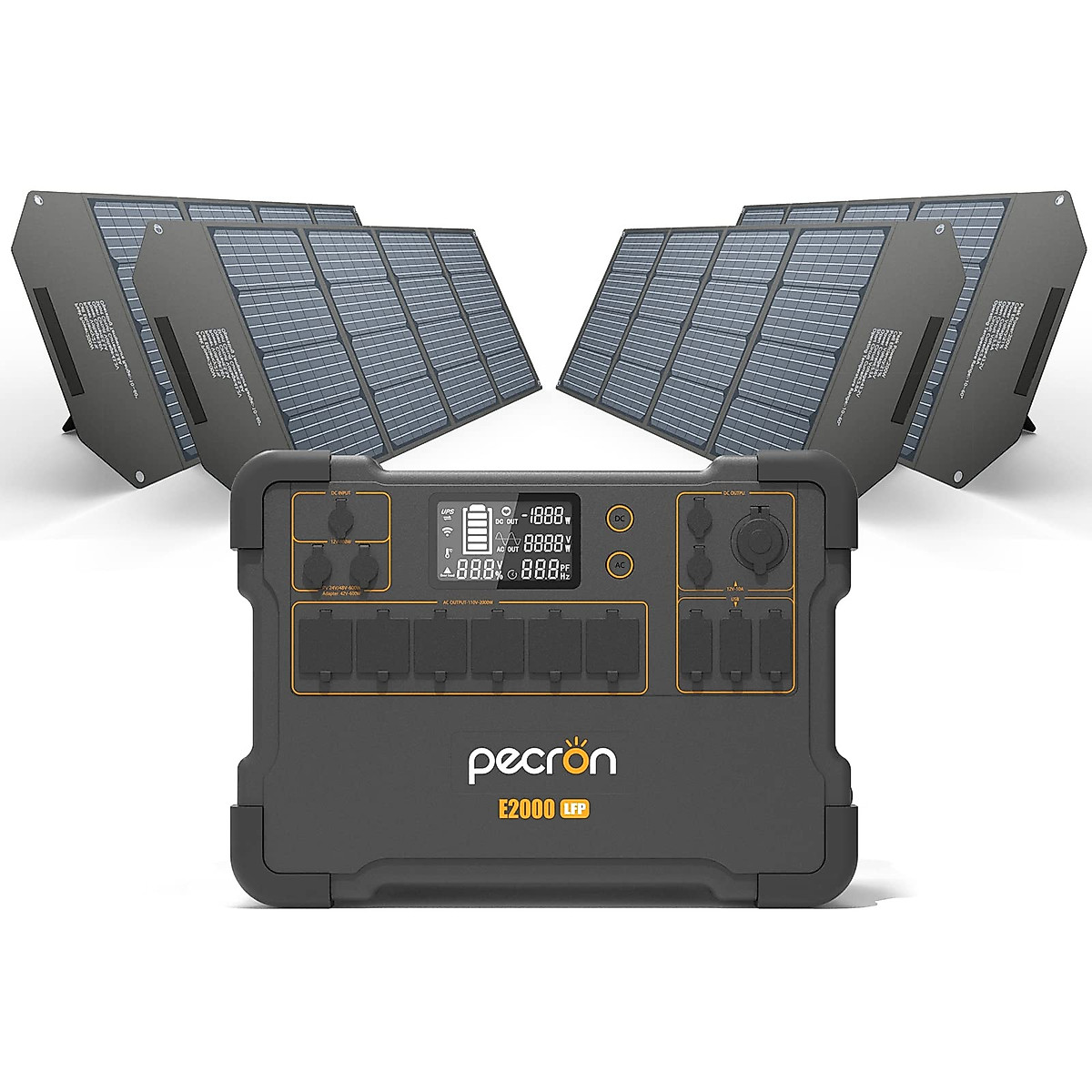 pecron Solar Generator E2000LFP,E2000LFP Portable power station with 4X 200W Solar Panels with 6X110V/2000W AC Outlets,LiFePO4 Battery Backup for Outdoors Camping Emergency
