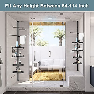Corner Shower Caddy Tension Pole - Shower Organizer Tension Pole with 4 Shelves,Rust Resistant Stand Tension Rod Shower Caddy for Bathtub,Bathroom,RV,Kitchen Storage - Black,54-114” Adjustable