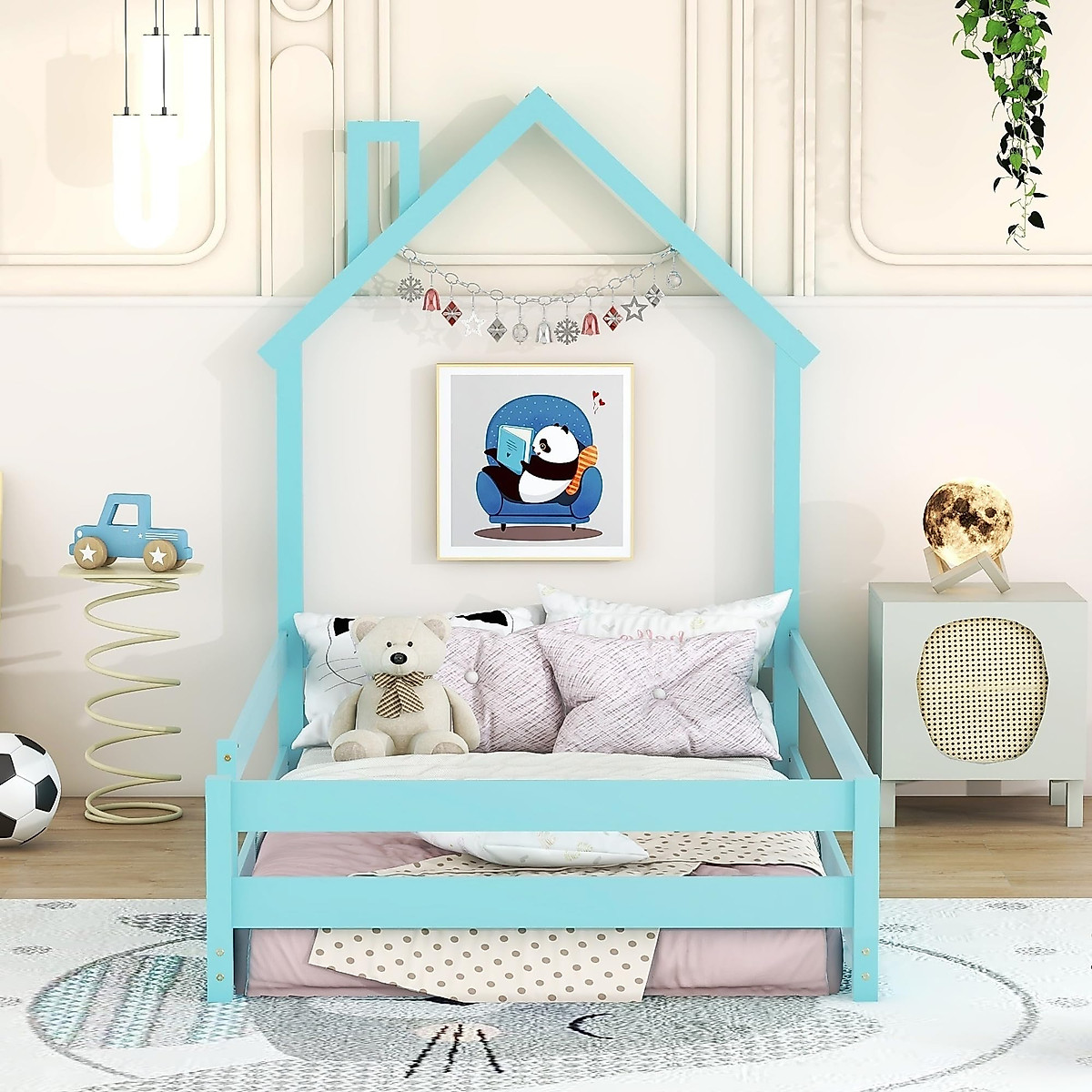 Floor Bed with Rails, Twin Size Montessori Bed with House Shape Headboard and Fence, Wood Floor Bed Frame for Kids Boys Girls, Box Spring Needed, Blue