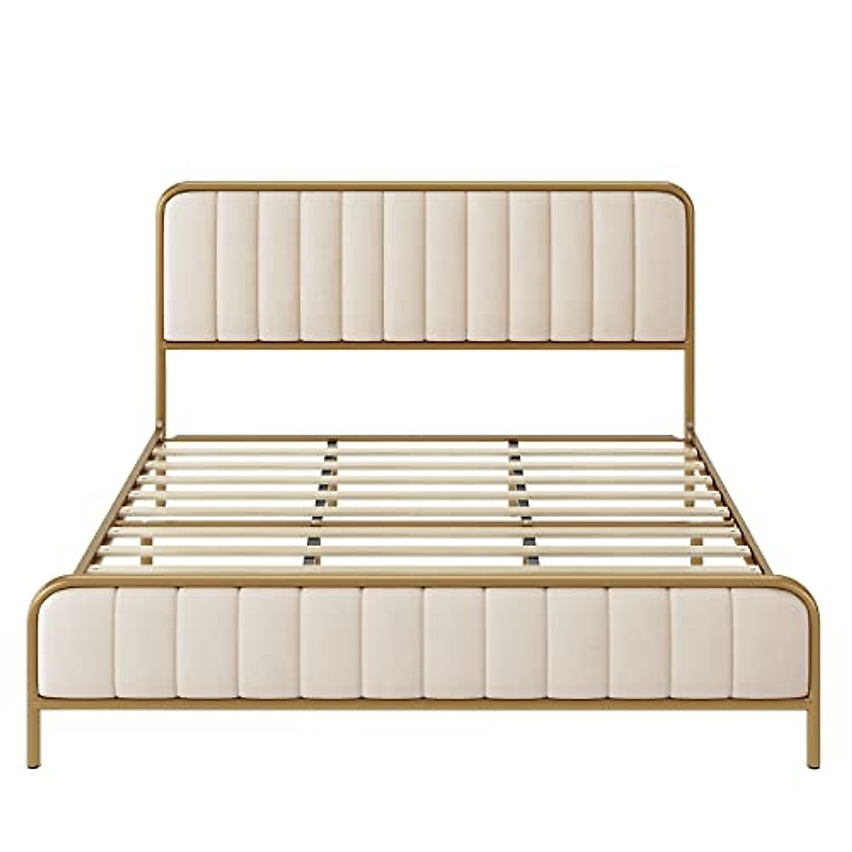 HITHOS Full Size Bed Frame, Upholstered Bed Frame with Button Tufted Headboard, Heavy Duty Metal Mattress Foundation with Wooden Slats, Easy Assembly, No Box Spring Needed (Golden/Off White, Full)