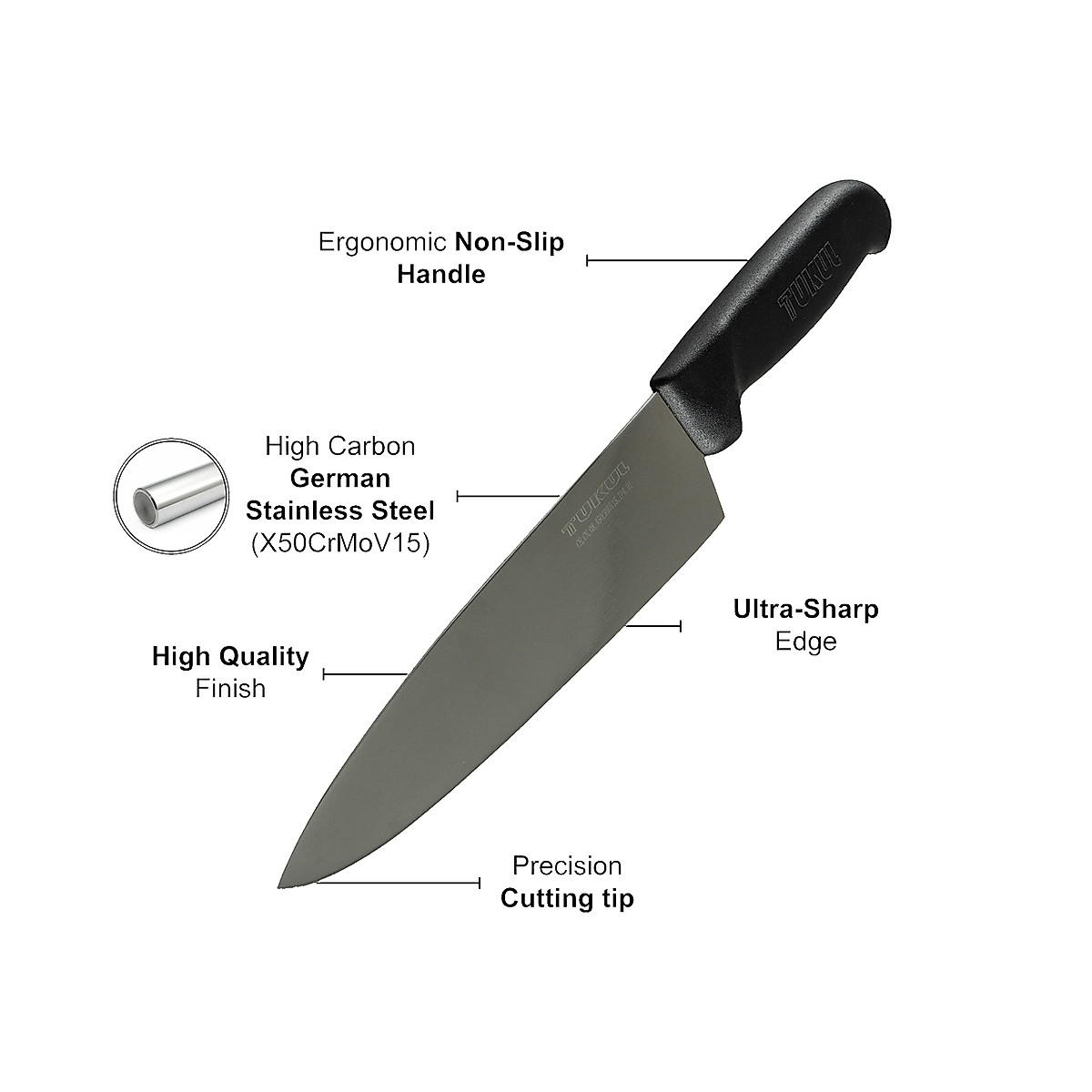 TUKUL Chef knife 8 Inches. X50CrMoV15 (1.4116) German Steel. TPR handle, Dishwasher-Safe