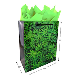Gift Bag with Tissue, Large Size, Marijuana Bud and Leaves Print, with Cotton Handles, for Christmas, Holiday, Birthday, Wedding, Bachelor, and Bachelorette Occasions