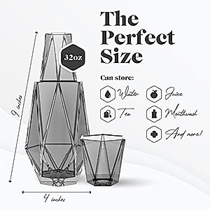 Modern Geometric Bedside Carafe | 2-Piece Set - Bedside Water Carafe | Glass Carafe with Cup that Doubles as Lid | Bedside Water Carafe and Glass Set in Grey (37oz)