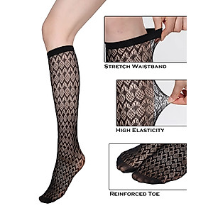 Geyoga 4 Pairs Women's Fishnet Knee High Stockings Lace Hollow out Women's Calf Socks Ankle Sheer Socks(Black,Cute)