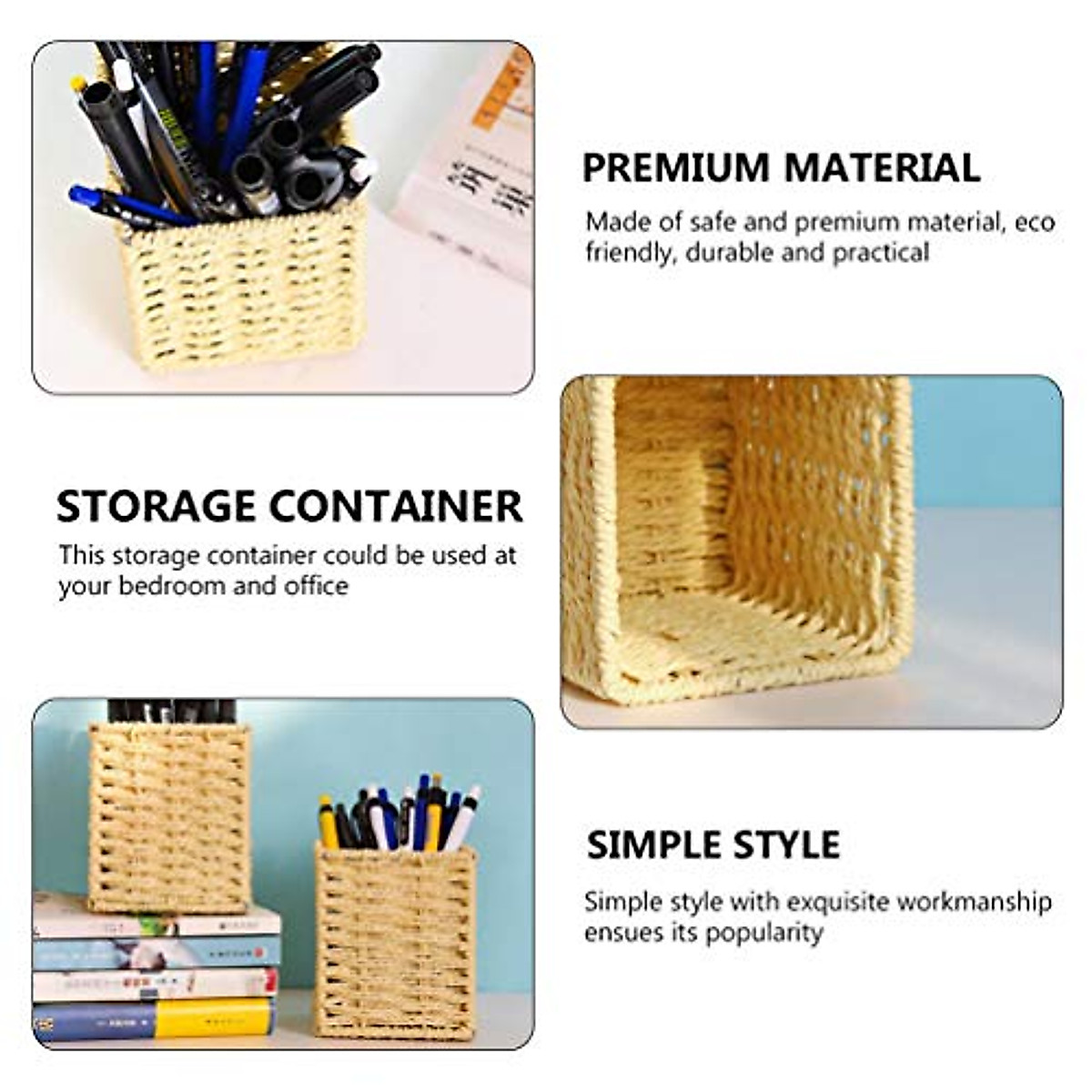 Cabilock Wicker Pencil Holder Nature Rattan Makeup Brush Cup Square Pen Holder Cutlery Silverware Caddy Holder Wicker Storage Basket Woven Flower Pots Desktop Sundries Container Basket