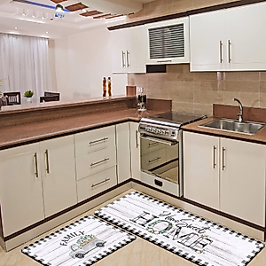 Riakrum 2 Pieces Non Slip Kitchen Mat for Floor Farmhouse Kitchen Rugs and Mats Gray Black White Checkered Rug Cushioned Comfort Standing Mats for Kitchen, 16 x 28 and 16 x 47 Inch