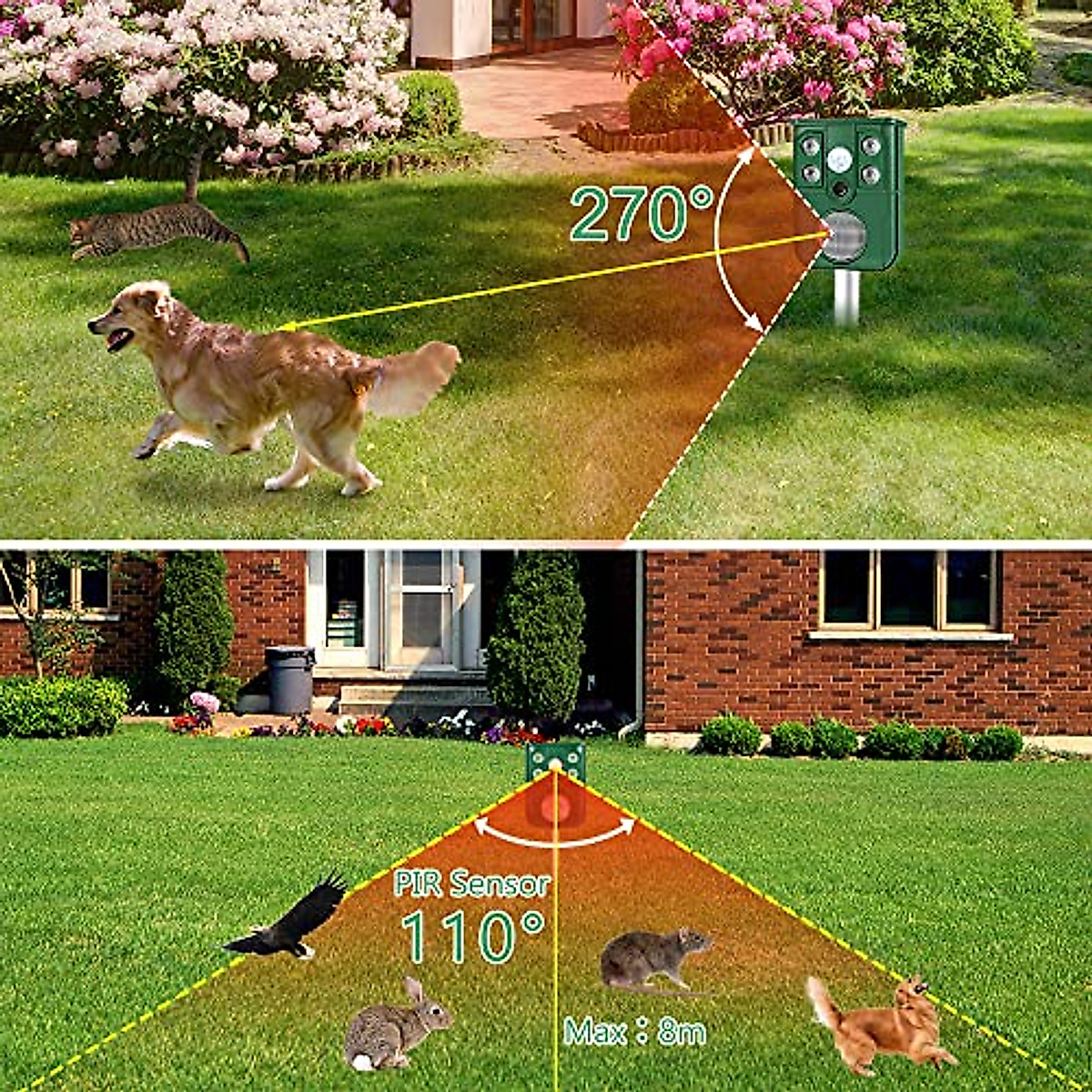 Ultrasonic Animal Repeller,Lasriges Solar Battery Powered Cat Repellent, Outdoor Waterproof Dog Deterrent Repeller with Motion Sensor for Home Garden Yard Foxs, Birds, Squirrels