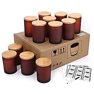 Aminigram 12 Pack, 10 oz Frosted Amber Candle Jars with Bamboo Lids and Sticky Labels, Empty Glass Candle Jars for Making Candles, Morden Kitchen Bathroom Small Things Container - Dishwash Safe