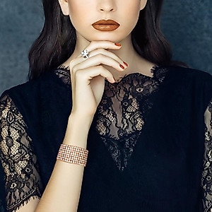 FIBO STEEL 3 PCS Rhinestone Stretch Bracelets for Women Bridal Sparkly Wedding Strand Tennis Bracelet Set Rose Gold-Tone