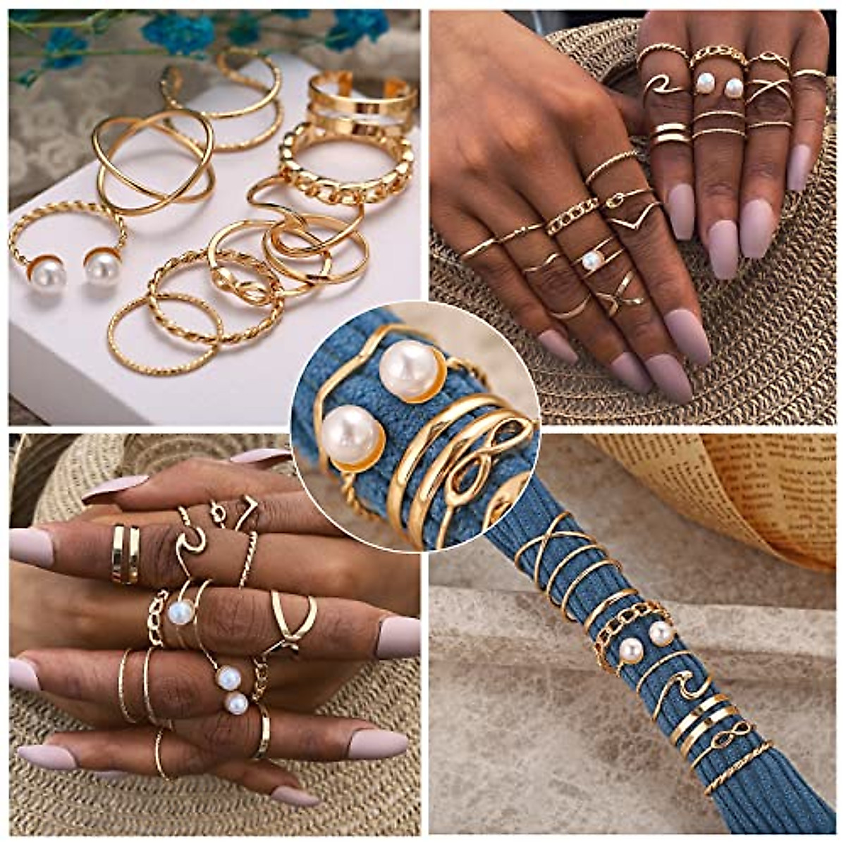YEEZII 68 Pcs Gold Knuckle Rings Set for Women, Stackable Rings Boho Joint Finger Midi Rings Silver Hollow Carved Crystal Stacking Rings Pack