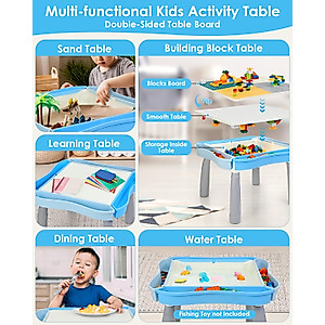 Kids Activity Table and Chair Set with 320Pcs Building Blocks, All in One Sand/Water/Sensory Desk with Storage, STEM Toys Toddler Learning Playset Table for Boys Girls Gifts 3 4 5-10 Years Old