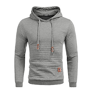 COOFANDY Mens Long Sleeve Drawstring Plaid Jacquard Hooded Sweatshirt, Grey, Medium