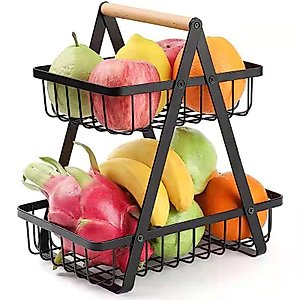 2 Tier Fruit Storage Basket Countertop for Kitchen, Rectangle Fruit Bread Wire Basket Vegetable Fruit Basket Bowl Stand Holder with Wooden Handle(Black)