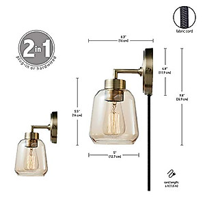 Globe Electric 51715 1-Light Plug-in or Hardwire Wall Sconce, Matte Brass, Smoked Amber Glass Shade, Black Fabric Cord, in-Line On/Off Switch, Pendant Light Fixture, Pendant Lights Kitchen Island