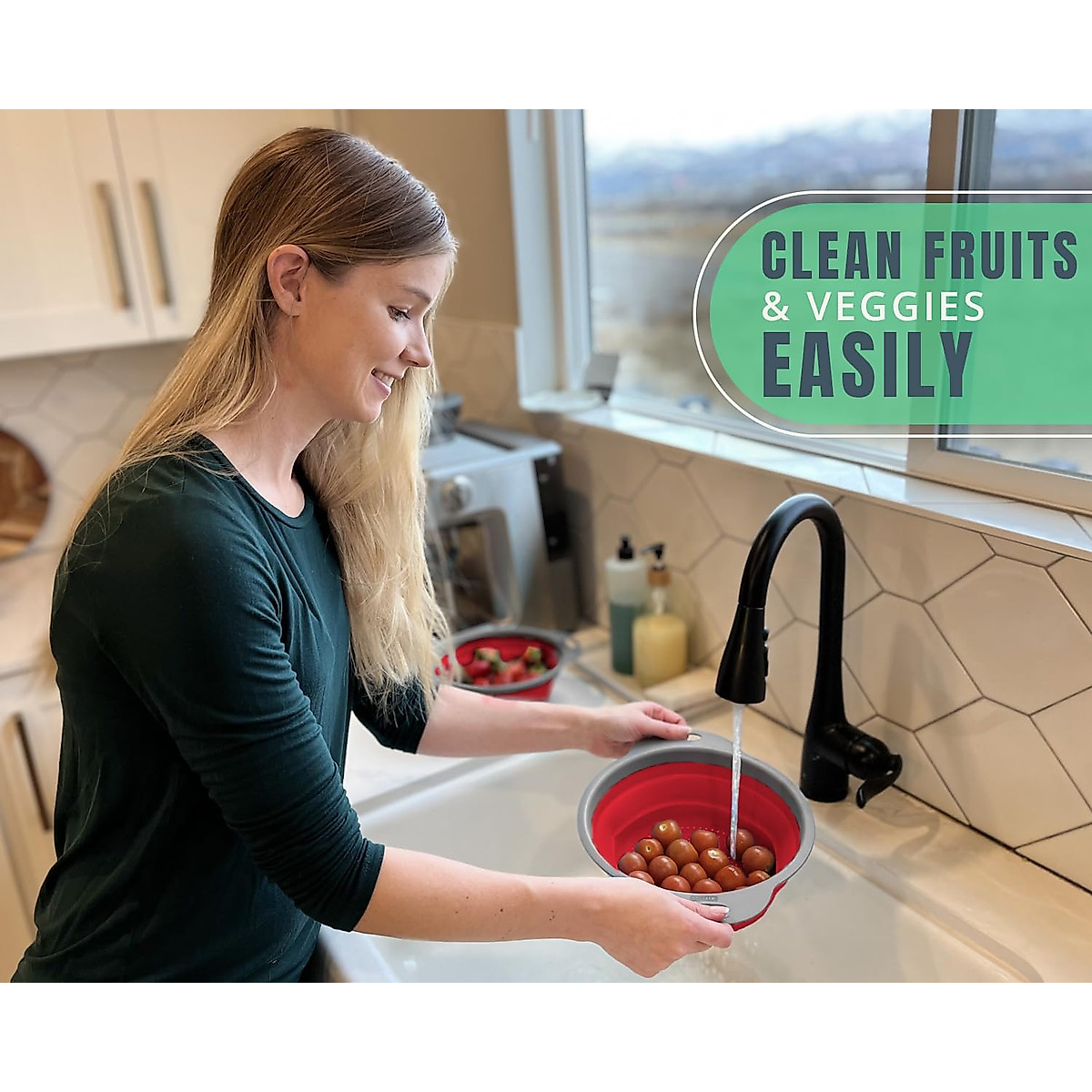 Ultimate Kitchen Strainers Set of 2 - Collapsible Silicone Colanders For Easy Storage by Comfify - Use with Pasta & Veggies or as a Fruit or Berry Bowl with Strainer - Irreplaceable for Campers - Red