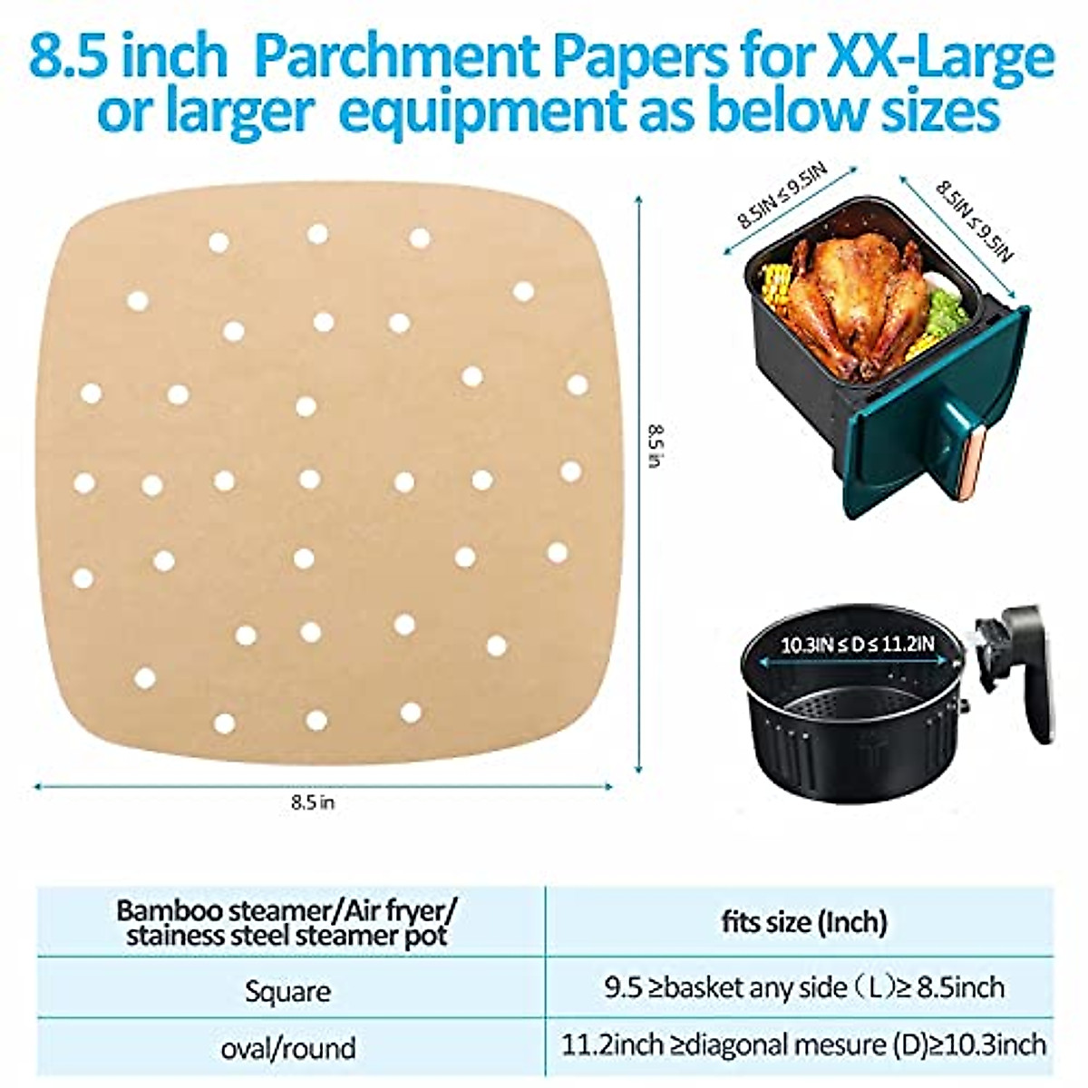 Air Fryer Parchment Paper Liners: 200PCS 8.5 inch Air Fryer disposable paper liner - Square Perforated parchment paper for Air Fryer, Premium Bamboo Steamer Liner for Air Fryers Baking Cooking Oven