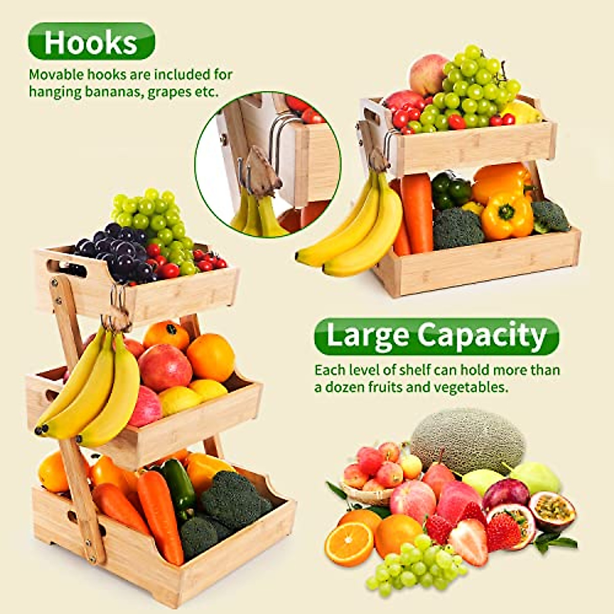 ETECHMART Bamboo Fruit Basket, 2 Tiers Fruit Bowl For Kitchen Counter, Large Capacity Detachable Vegetable Bread Storage Basket Banana Holder Stand