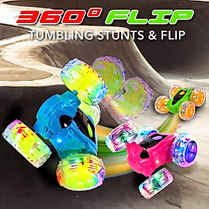 Contixo RC Stunt Car 4WD 2.4Ghz - Double Sided 360° Rotating Remote Control Toy with Lights, for Boys & Girls Age 4-12 Blue