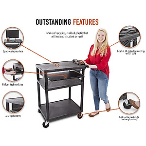 Line Leader Plastic AV Cart with Keyboard Tray, Mobile Workstation with Storage For Offices and Schools, Rolling with 4 Casters, 2 Locking Brakes, Heavy Duty, Holds up to 100 lbs (Black, 24 x 18 x 34)