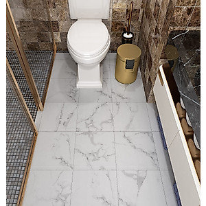 Livelynine Carrara Marble Peel and Stick Floor Tile Bathroom Waterproof Floor Tiles White Marble Vinyl Flooring Sheet Sticky Laminate Flooring Kitchen Renter Friendly Linoleum Stickers 12x12 4-Pack