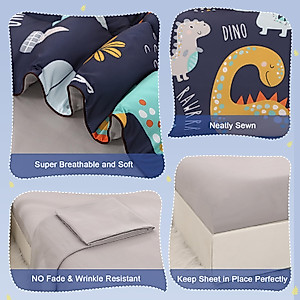 Wowelife Toddler Bedding Sets for Boys, Premium 4 Piece Dinosaur Toddler Comforter Set, Blue Grey Toddler Bed Set, Super Soft and Comfortable for Toddler(Dark Blue)