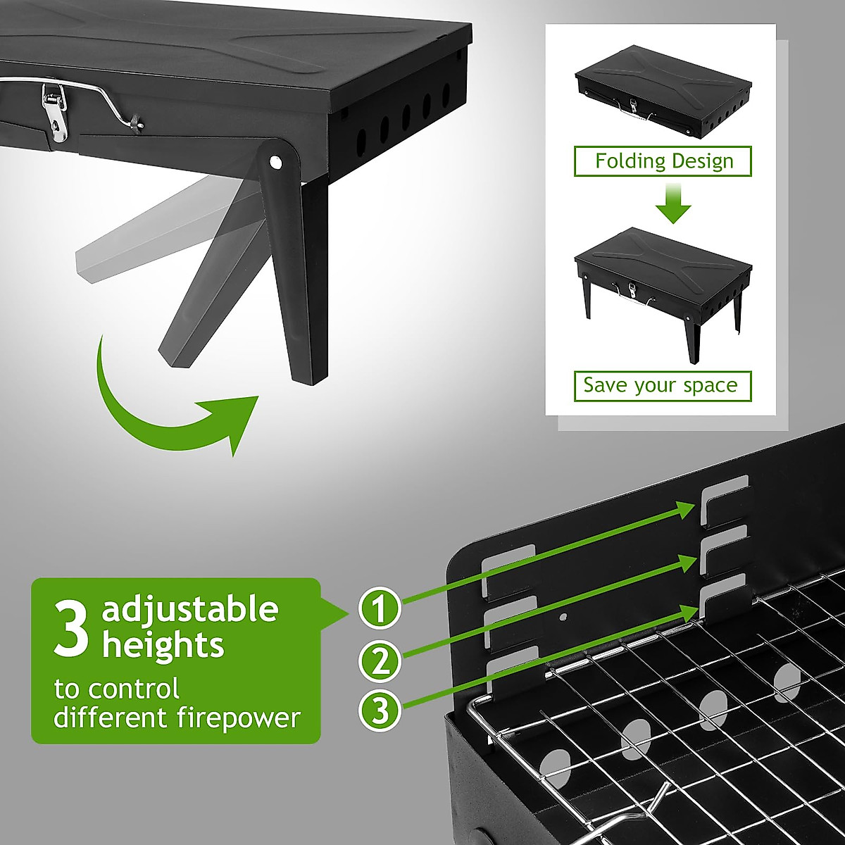 Outvita Portable Charcoal Grill, Outdoor Foldable BBQ Grill with Barbecue Accessories & Lid for Cooking Camping Picnic Hiking Beach Party Patio Smokers, Height Adjustable for 3 to 5 People