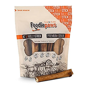 FOODIEPAWS All Natural 6-inch Mega Bully Sticks Odor Free USA Packed for Medium, Large Dogs-100% Free-Range Grass-Fed Beef-Single Ingredient & Rawhide Free-Longer Lasting Dental Dog Chews 15 Pcs