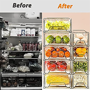 GuoTcusy Fridge Organizer Bins, Pantry Organization and Storage, Plastic Stackable Drawer Container with Removable Drain Tray for Kitchen, Refrigerator and Cabinets (2 PACK, 12.6"L x 8.1"W x 4.3"H)