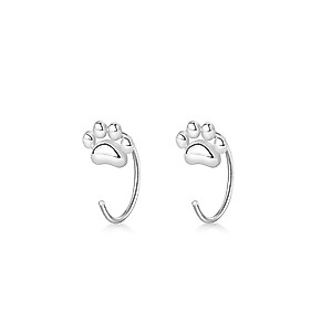 Tiny Puppy Paw Print Half Hoop Earrings 925 Sterling Silver Cartilage Tragus Piercing Small Stud Cuff Nose Ring Fake Huggie Hoops Earring Fashion Jewelry Gifts for Women Daughter Senstive Ears