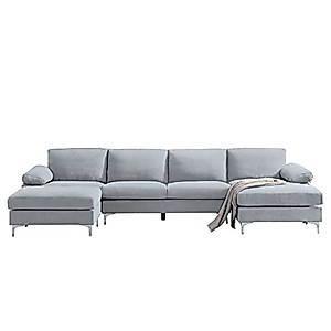 Eafurn U-Shaped Sectional w/Reversible Chaise Lounge and Ottoman, 128.3”5-Seater Convertible Corner Modern Design Comfy Sofa & Couch for Living Room Office, Grey