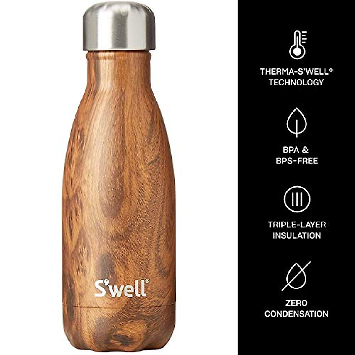 S'well Stainless Steel Water Bottle-9 Fl Oz-Teakwood-Triple-Layered Vacuum-Insulated Containers Keeps Drinks Cold for 24 Hours and Hot for 12-BPA-Free-Perfect for The Go