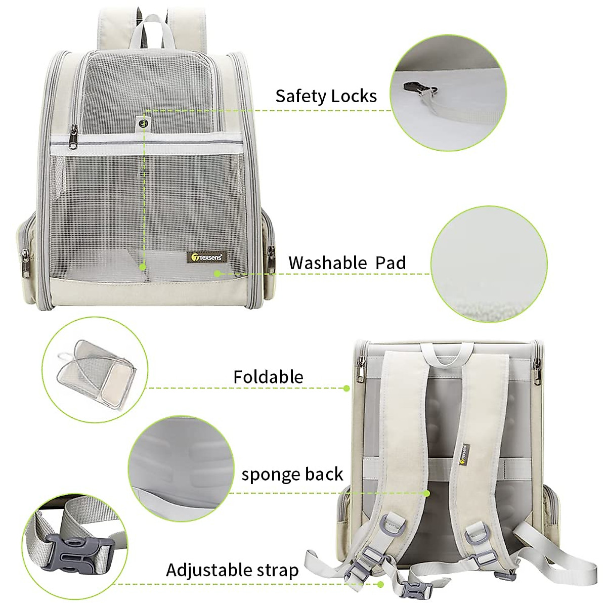 Texsens Pet Backpack Carrier for Small Cats Dogs | Ventilated Design, Safety Straps, Buckle Support, Collapsible | Designed for Travel, Hiking & Outdoor Use (Creamy White)