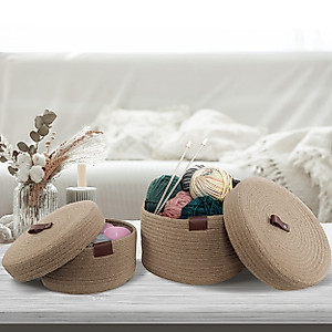 7Penn Jute Baskets - 2pc Round Decorative Natural Jute Rope Woven Storage Basket Set with Lids and Leather Tab Handle