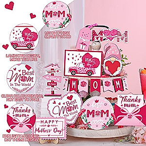 16 Pcs Mother's Day Heart Tiered Tray Decor Happy Mother's Day Wooden Sign Gnome Truck Mom Letters Wooden Decor Mothers Day Table Decorations for Mother's Gift Party Supplies (Heart Style)