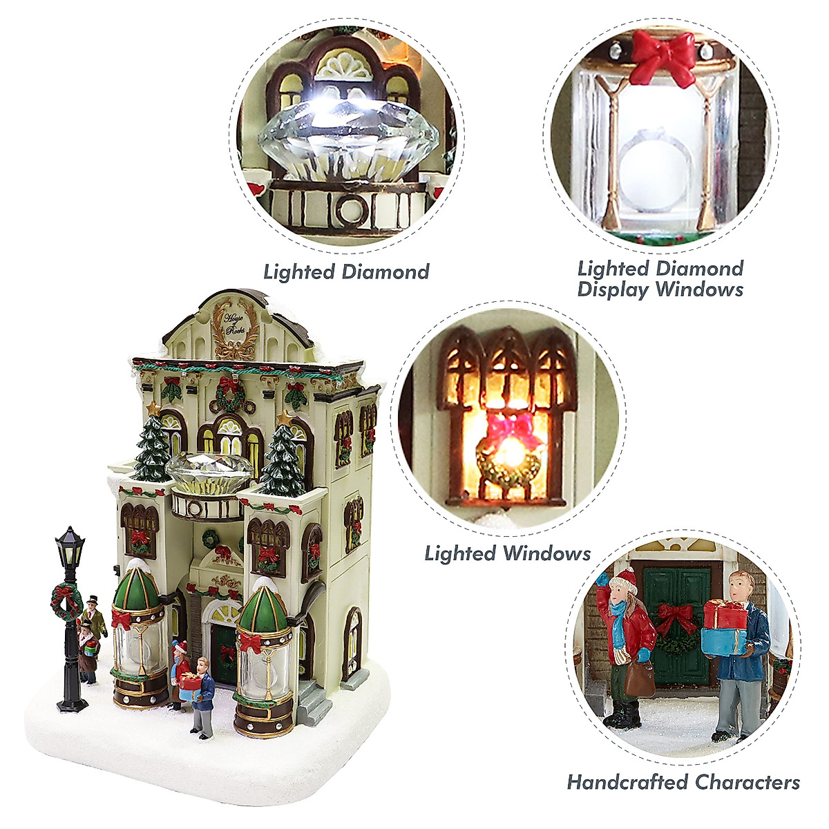 MOMENTS IN TIME 11" H Resin Christmas Village Building, Frosty's Fine Jewelry Shop with LED Lights and Christmas Music - Power Adapter (Included)