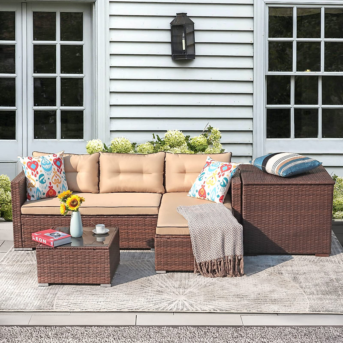 JOIVI Patio Furniture, Small Sectional Sofa Set with Storage Box, Outdoor Patio PE Rattan Conversation Set, All Weather Brown Wicker Couch with Cushions and Tempered Glass Coffee Table, Beige