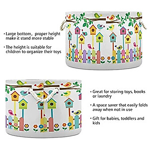 Colorful Birds and Birdhouses Raster Tree Branches Leaves Flowers Round Storage Basket Waterproof Print Collapsible Fabric Cube With Cotton Rope Handles Laundry Bag Organizer Toys Clothes for Room