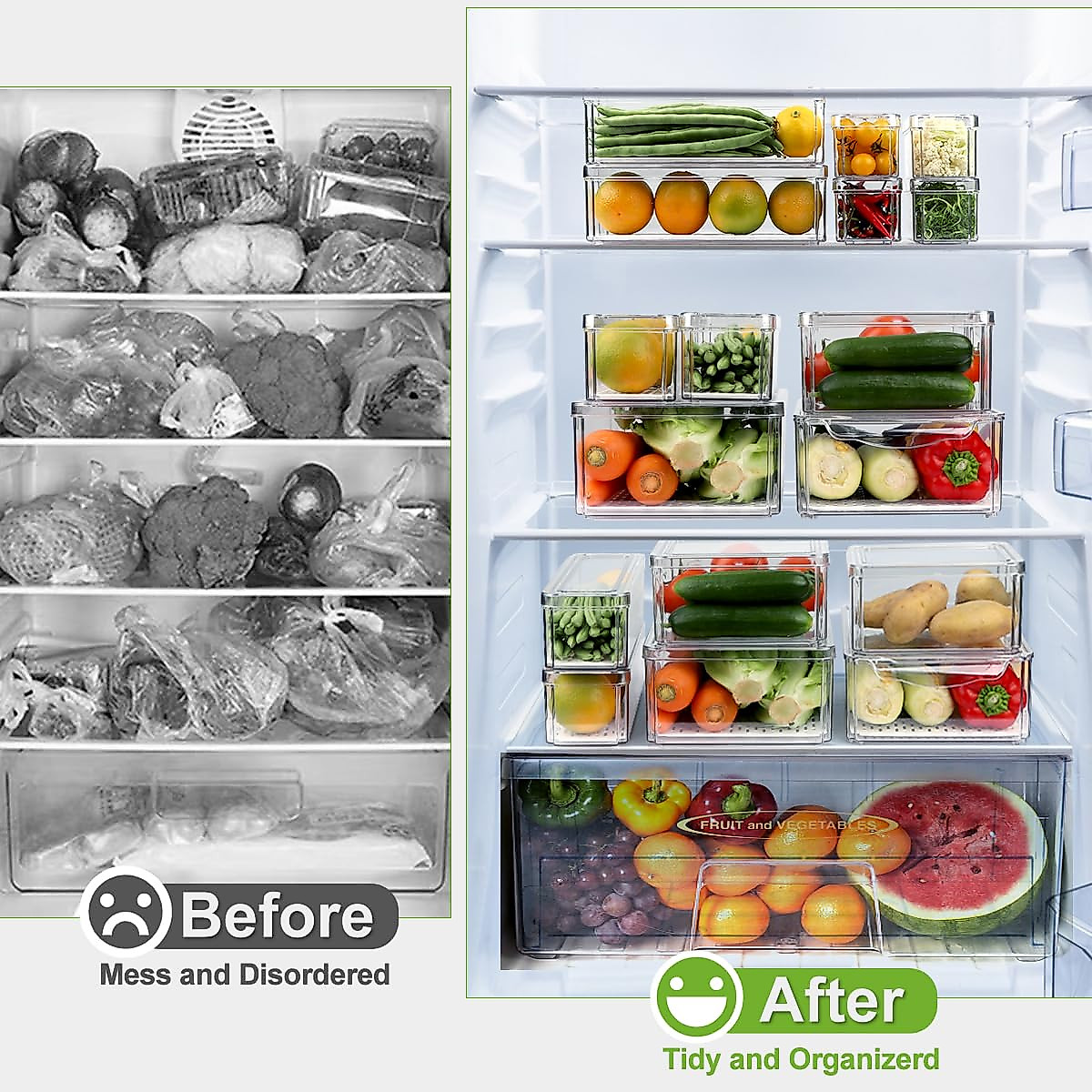 RIKOJUXI Set Of 14 Fridge Organizer, BPA Free Stackable Refrigerator Organizer Bins with Lids, Fridge Organizers and Storage Clear Refrigerator Storage Containers for Fruits, Vegetable, Food, Drinks