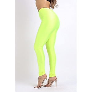OFENTI Shiny Leggings High Waist Neon Leggings Elastic Stretch Skinny Comfy Lightweight Pants Tights Disco Party Rave Neon Yellow Medium