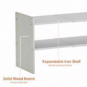 2-Tier Small Shoe Rack Organizer for Closet, Expandable and Adjustable White Shoe Rack, Stackable Iron Wood Combination Shoe Shelves for Closets, Entryway, Small Space, Hallway, Garage