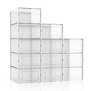 Stackable Shoe Storage Boxes, WAYTRIM 12 Pack Shoe Organizer for Closet Shoe Boxes Clear Plastic Stackable Shoe Bins Space Saving Sneaker Storage Boxes Drop Front Shoe Container Bins Fit to Size 10 - Clear White