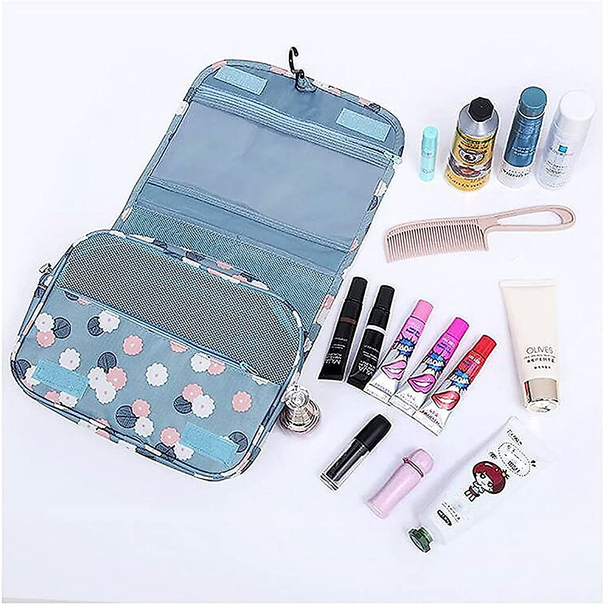 Trawila Travel Hanging Toiletry Bag Cosmetic Bag Makeup Organizers for Men & Women with Sturdy Hook (Blue flower)