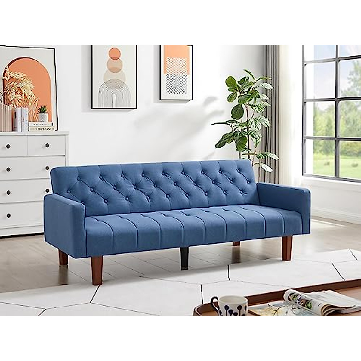 Blue, Linen, Convertible Double Folding Living Room Sofa Bed (Eucalyptus Wood Frame)