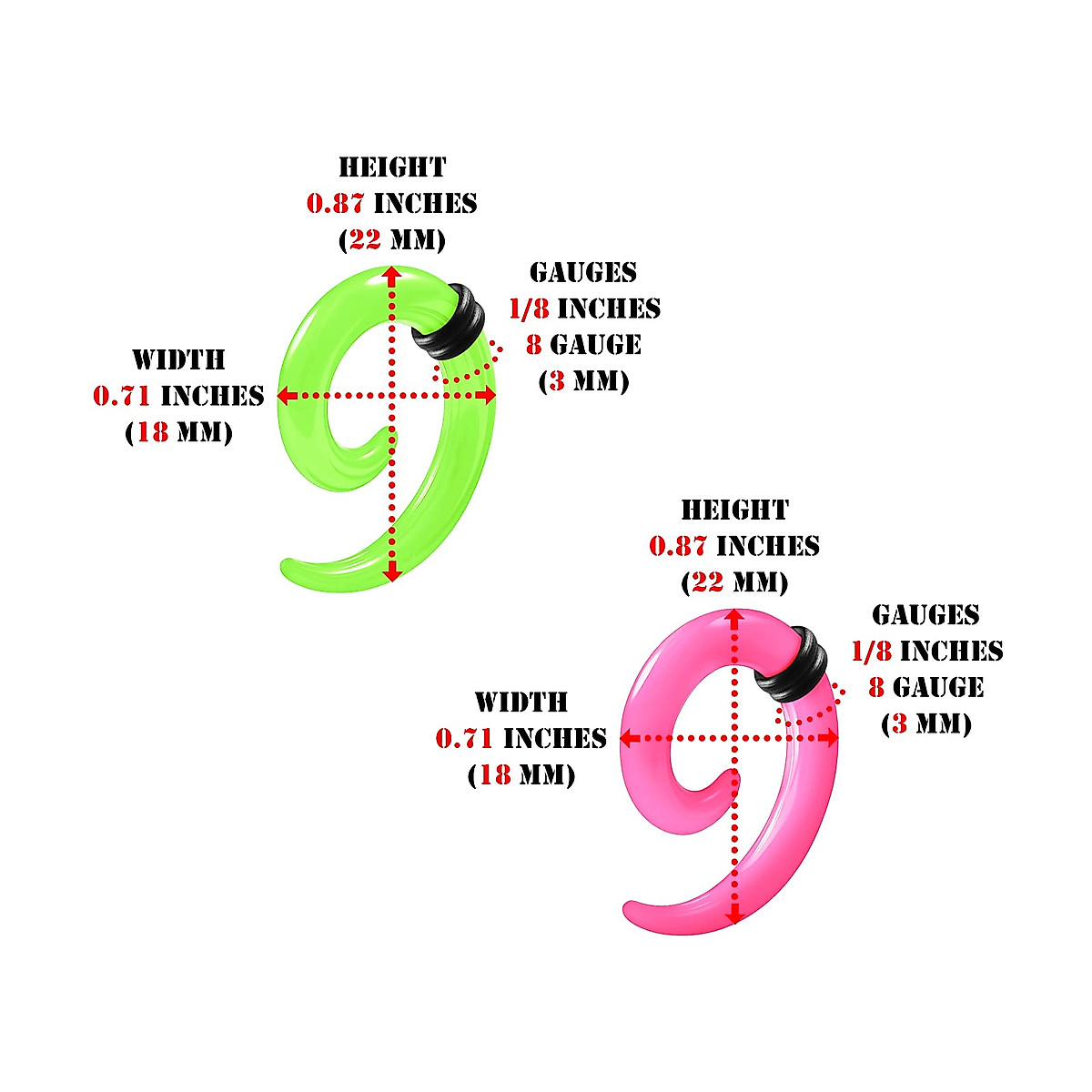 BIG GAUGES 2 Pairs Green Pink Acrylic 8g Gauge 3mm Spiral Taper Expander Piercing Jewelry Ear Stretching Earring O-rings Plug BG12292