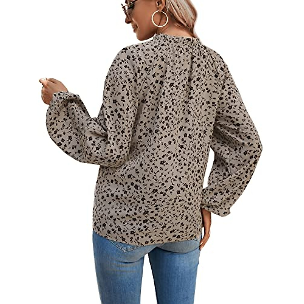 Verdusa Women's Cold Shoulder Bishop Sleeve Floral Print Blouse Shirt Top Khaki L