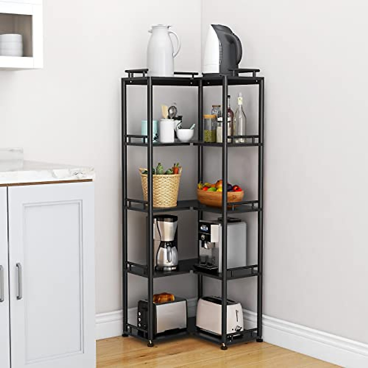 FLE 5 Tier Corner Shelf,Modern Corner Bookshelf Industrial Corner Ladder Shelf Small Bookcase Plant Stand for Living Room, Kitchen, Home Office (Black)