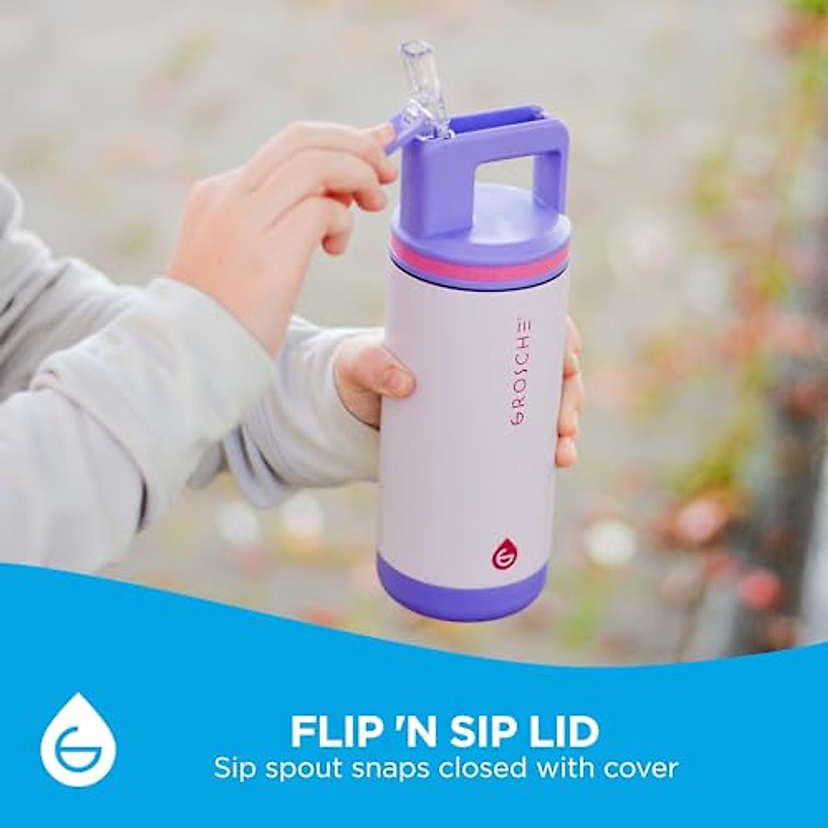 GROSCHE Alpine Flip n' Sip 16oz Insulated Kids Water Bottle - Stainless Steel, Leakproof Flask with Straw - Perfect for Gym, Travel & Outdoor Use - Keeps Water Cold upto 60 hrs - Cosmic Purple